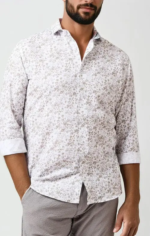 Stone Rose Linen Floral Print Ls Button-up Shirt