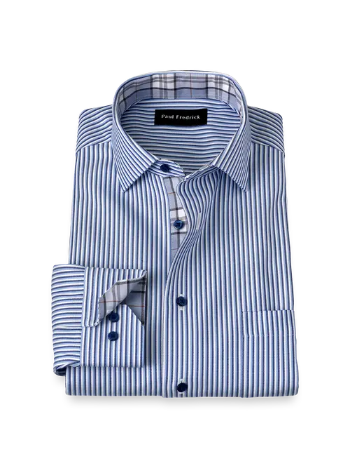 PAUL FREDRICK Cotton Spread Collar Twill Slim Contrast Trim Button Cuff Long Sleeve
