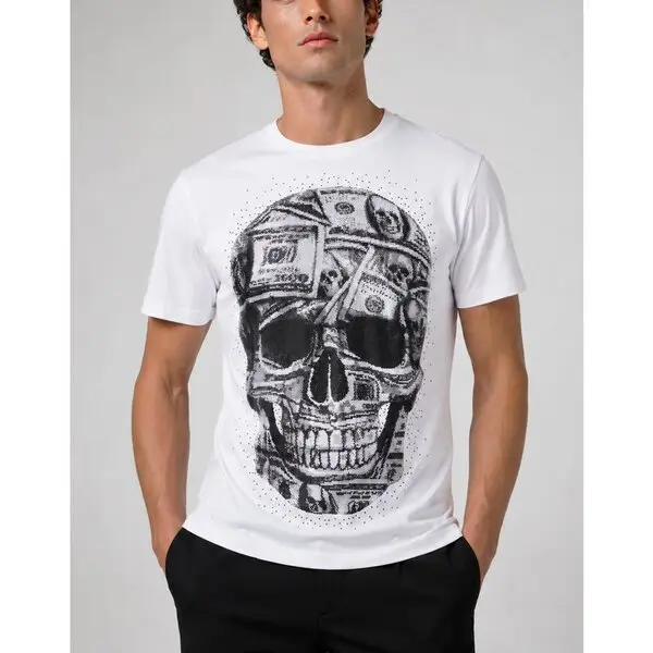 Philipp Plein Jersey Round Neck T-shirt Ss Skull Dollar Stones - White