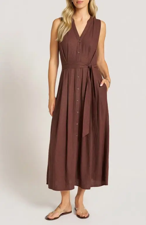Matty M. Linen Blend Sleeveless V-neck Midi Dress With Sash Belt