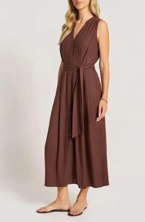 Matty M. Linen Blend Sleeveless V-neck Midi Dress With Sash Belt