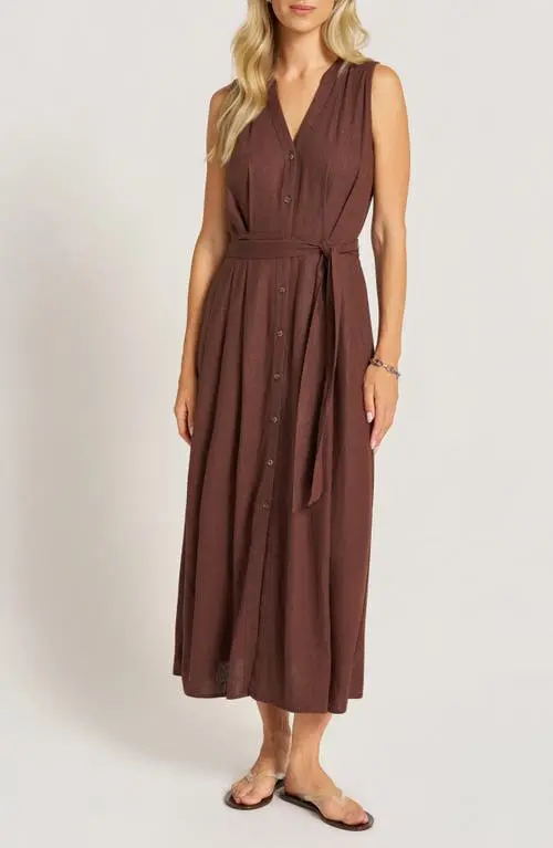 Matty M. Linen Blend Sleeveless V-neck Midi Dress With Sash Belt