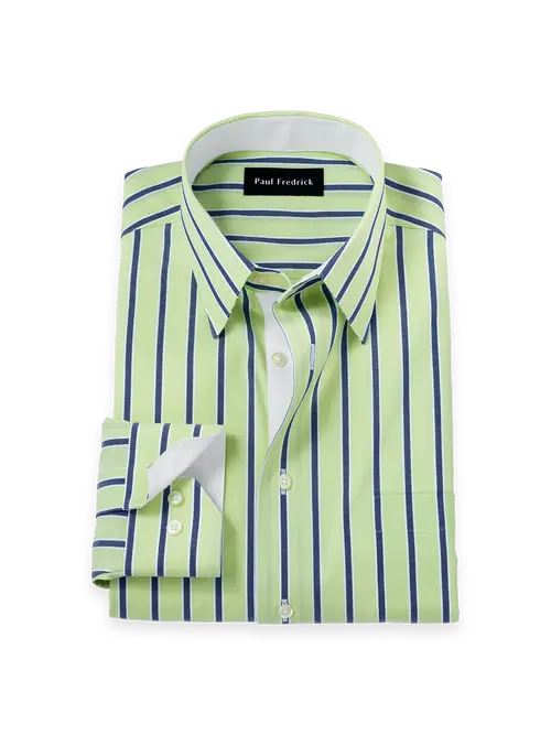 PAUL FREDRICK Cotton Spandex Point Collar Poplin Slim Contrast Trim Button Cuff Long Sleeve - Green/blue