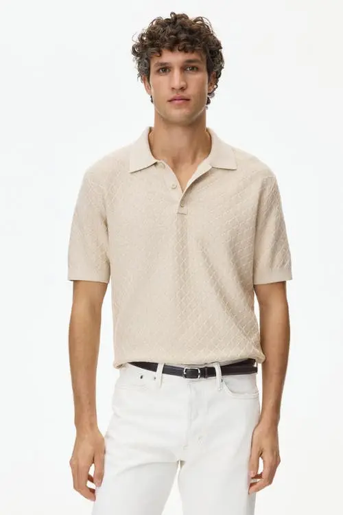 H&M Slim-fit Textured-knit Polo Shirt - Light Beige