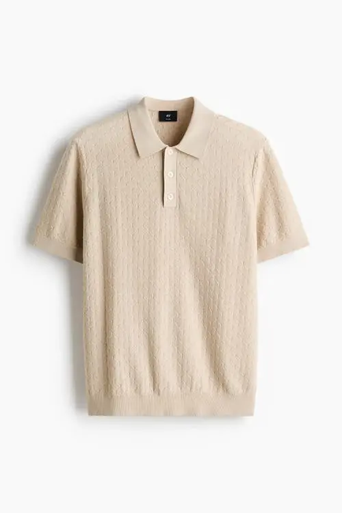 H&M Slim-fit Textured-knit Polo Shirt - Light Beige