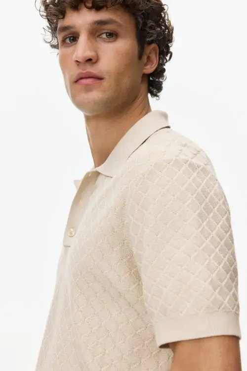 H&M Slim-fit Textured-knit Polo Shirt - Light Beige