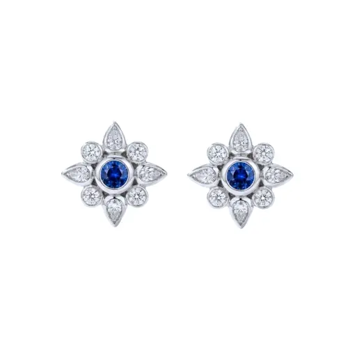 QIRAT FINE JEWELRY Round Sapphire With Pear & Round Diamond Halo Bezel Stud Earrings - Blue