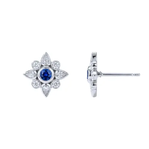 QIRAT FINE JEWELRY Round Sapphire With Pear & Round Diamond Halo Bezel Stud Earrings