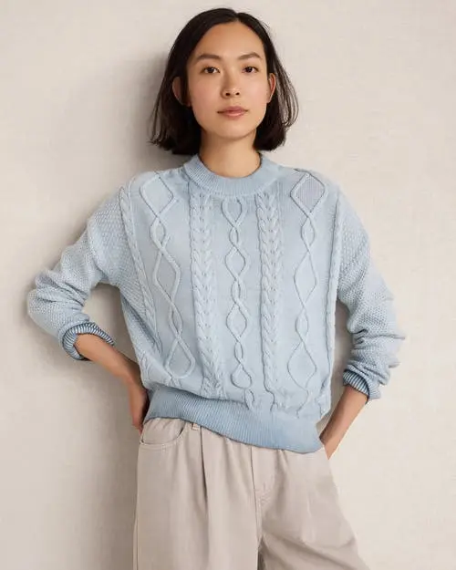 HAVEN WELL WITHIN Cotton Cable Knit Crewneck Sweater - Breeze