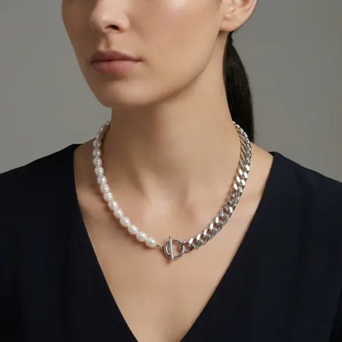 BLISS DIAMOND Freshwater Pearl And Link Necklace With Toggle Clasp
