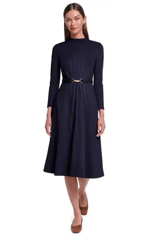 Halston Long Sleeve Knit Midi Dress With Hardware - Deep Navy