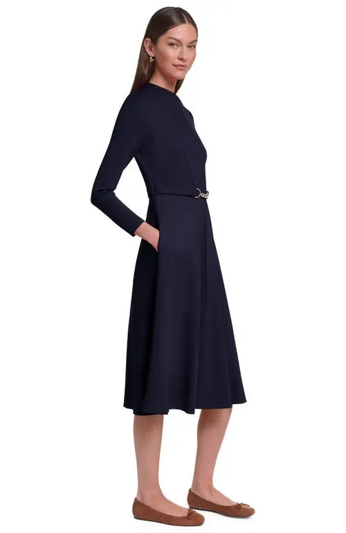 Halston Long Sleeve Knit Midi Dress With Hardware - Deep Navy
