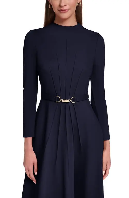 Halston Long Sleeve Knit Midi Dress With Hardware - Deep Navy