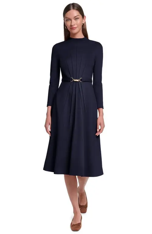 Halston Long Sleeve Knit Midi Dress With Hardware Detail - Deep Navy