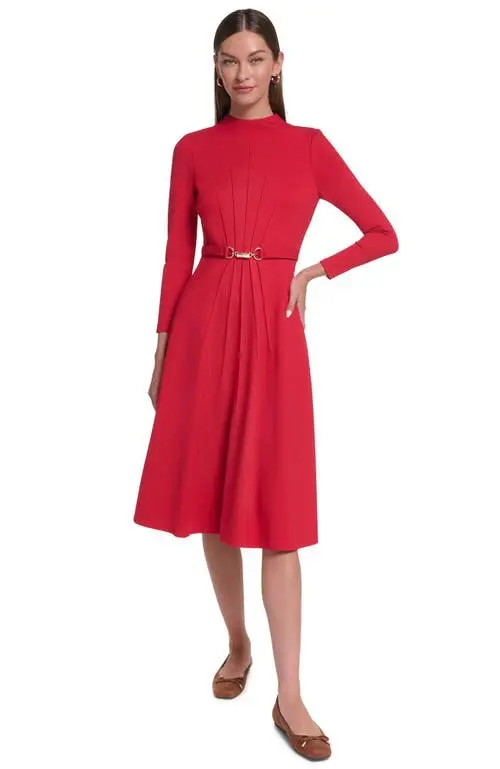 Halston Long Sleeve Knit Midi Dress With Hardware Detail - Lava