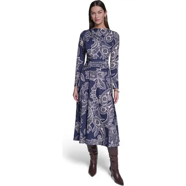 Halston Long Sleeve Paisley Printed Jersey Midi Dress - Navy Multi