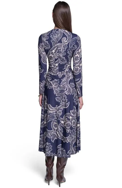 Halston Long Sleeve Paisley Printed Jersey Midi Dress - Navy Multi