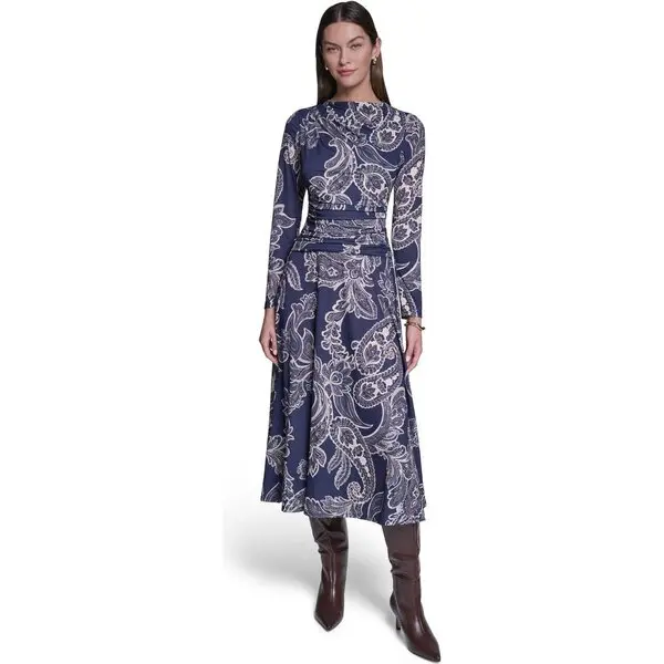 Halston Long Sleeve Paisley Printed Jersey Midi Dress - Navy Multi