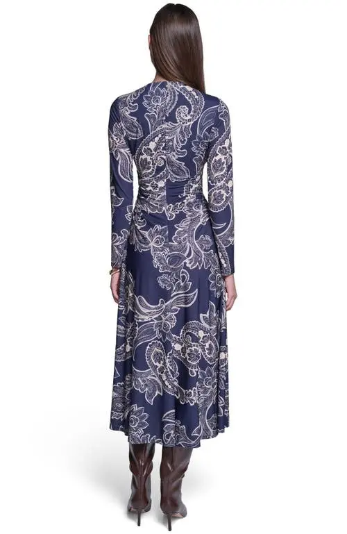 Halston Long Sleeve Paisley Printed Jersey Midi Dress - Navy Multi