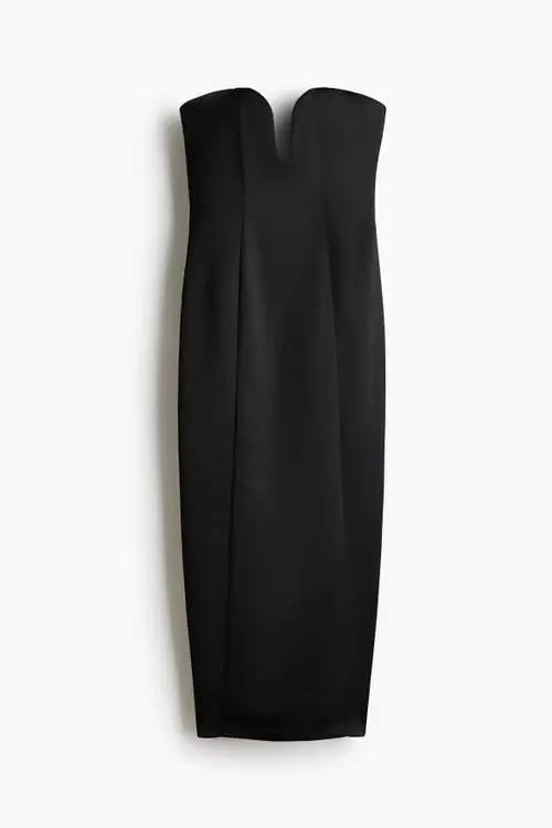 H&M Fitted Bandeau Midi Dress With Sweetheart Neckline And Slit