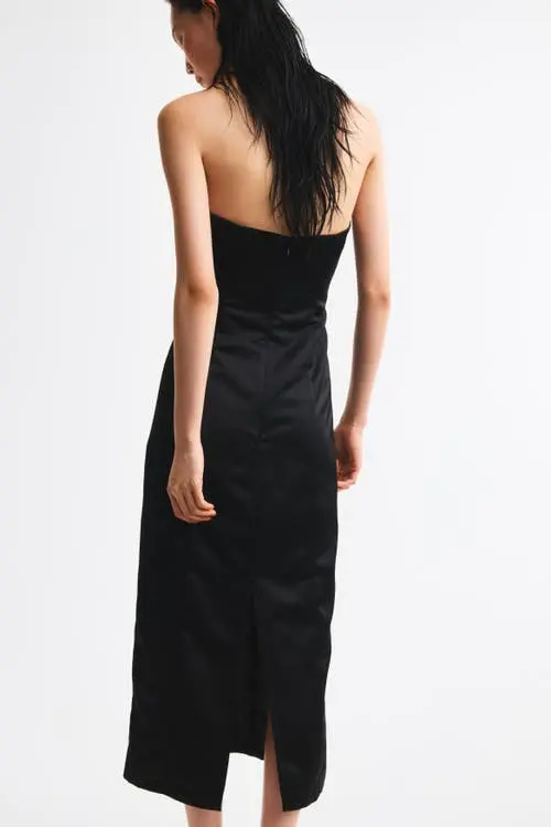 H&M Fitted Bandeau Midi Dress With Sweetheart Neckline And Slit