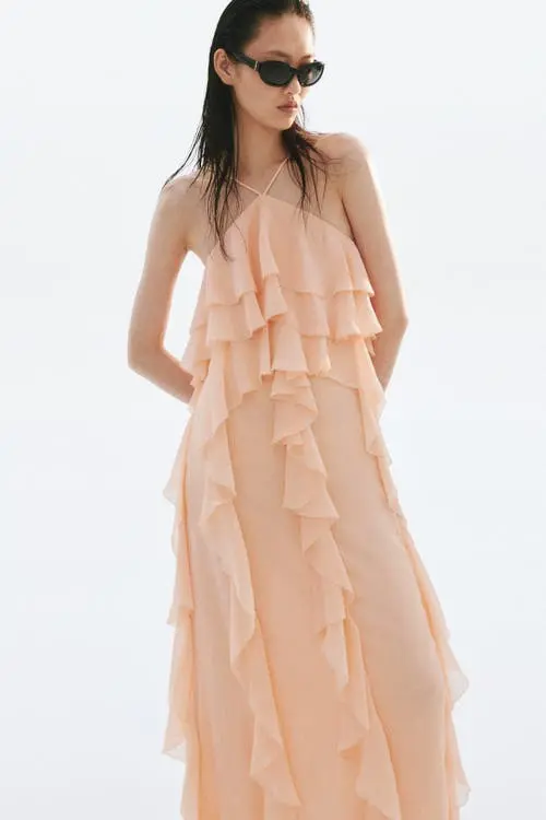 H&M Long Flounced Chiffon Dress