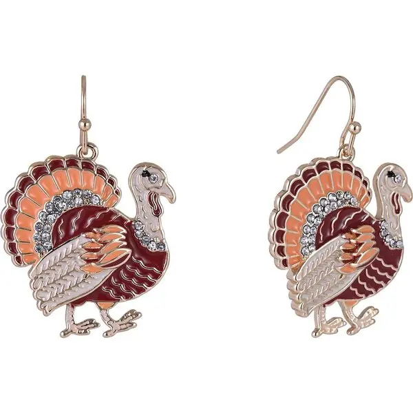 HALLMARK Enamel Turkey Dangle Earrings With Rhinestone Accents - Orange