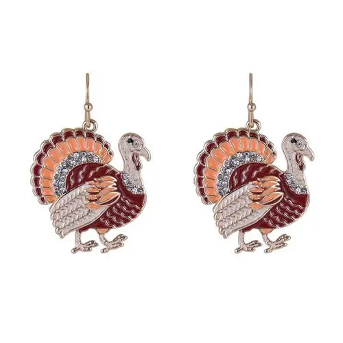 HALLMARK Enamel Turkey Dangle Earrings With Rhinestone Accents - Orange