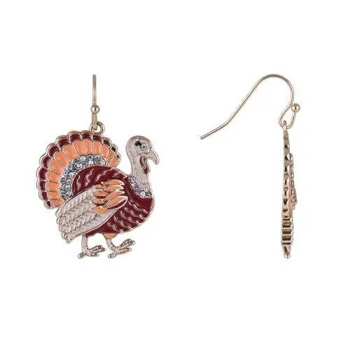 HALLMARK Enamel Turkey Dangle Earrings With Rhinestone Accents - Orange