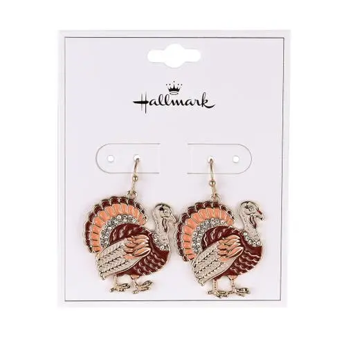 HALLMARK Enamel Turkey Dangle Earrings With Rhinestone Accents - Orange