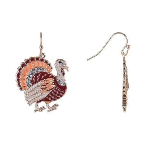 HALLMARK Enamel Turkey Dangle Earrings With Rhinestone Accents