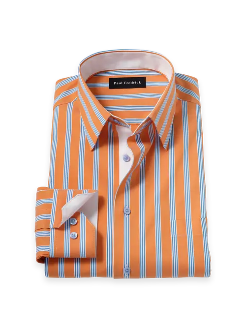 PAUL FREDRICK Cotton Spandex Point Collar Pinpoint Classic Contrast Trim Button Cuff Long Sleeve - Melon/blue