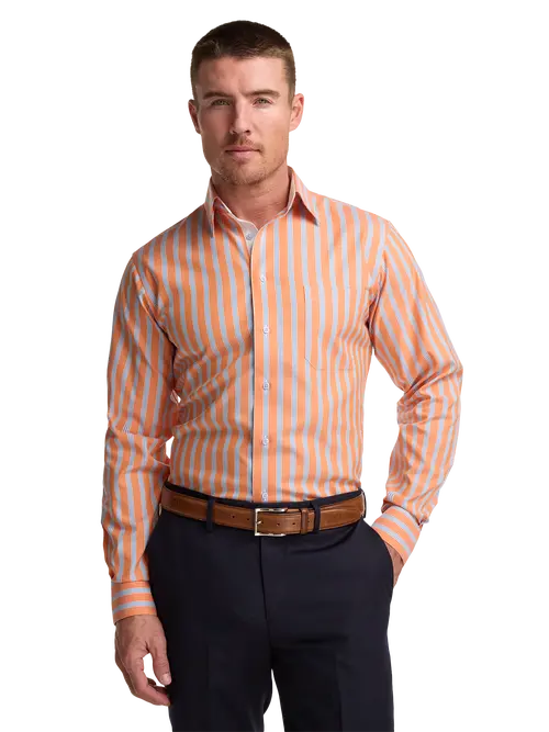PAUL FREDRICK Cotton Spandex Point Collar Pinpoint Classic Contrast Trim Button Cuff Long Sleeve - Melon/blue