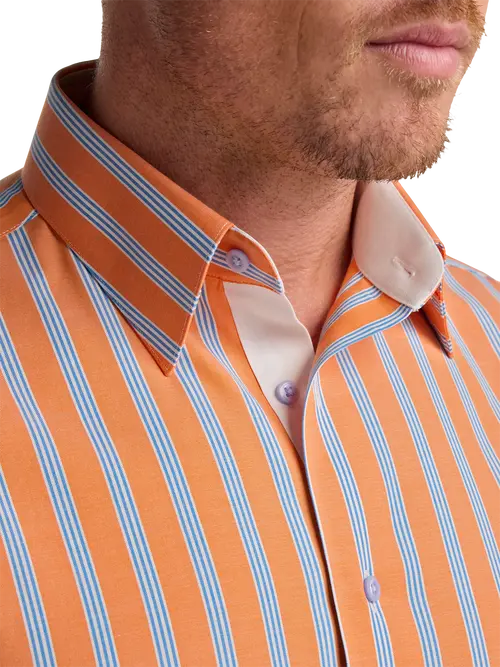 PAUL FREDRICK Cotton Spandex Point Collar Pinpoint Classic Contrast Trim Button Cuff Long Sleeve - Melon/blue