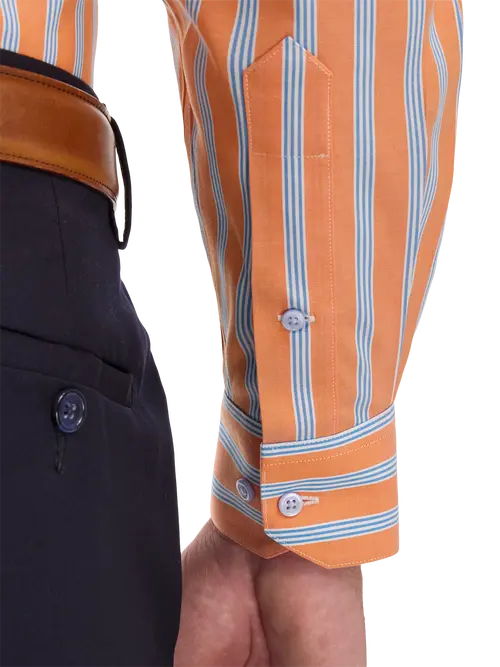 PAUL FREDRICK Cotton Spandex Point Collar Pinpoint Classic Contrast Trim Button Cuff Long Sleeve - Melon/blue