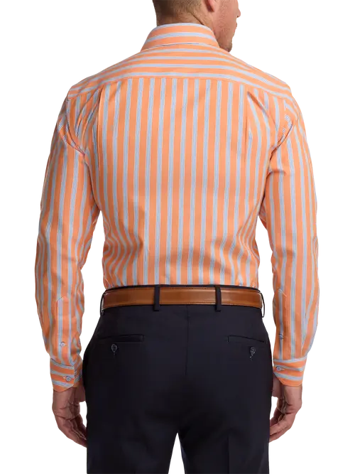 PAUL FREDRICK Cotton Spandex Point Collar Pinpoint Classic Contrast Trim Button Cuff Long Sleeve - Melon/blue