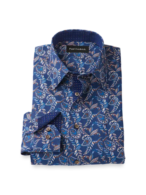 PAUL FREDRICK Cotton Spandex Point Collar Pinpoint Classic Contrast Trim Button Cuff Long Sleeve - Navy Multi
