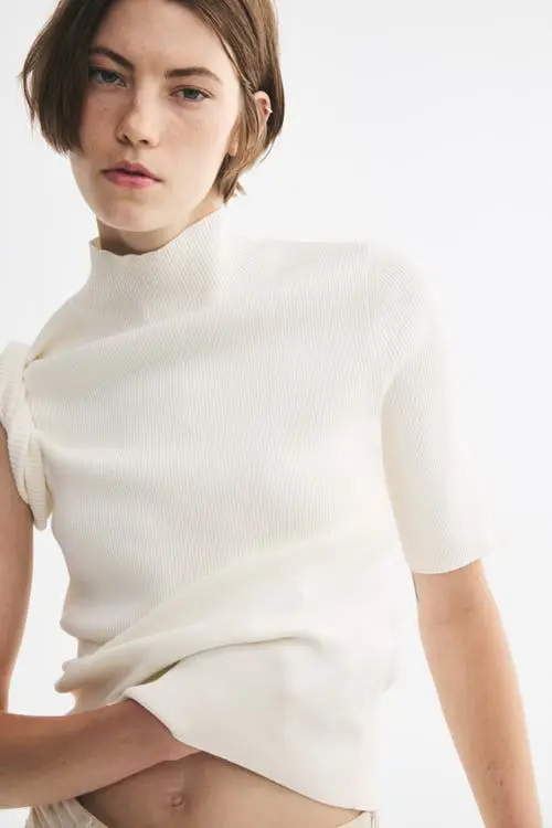 H&M Lyocell-blend Rib-knit Mock Turtleneck Top - Cream
