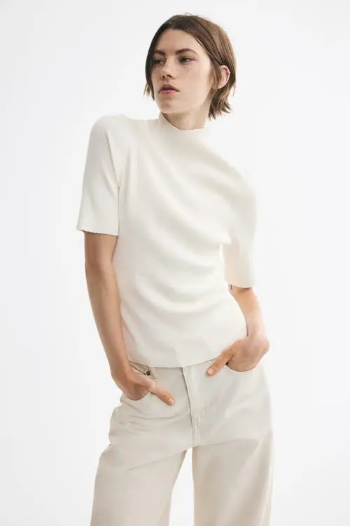 H&M Lyocell-blend Rib-knit Mock Turtleneck Top - Cream