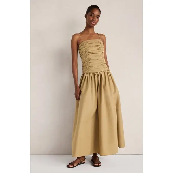 HAVEN WELL WITHIN Organic Cotton Poplin Ruched Bodice Maxi Dress - Truffle