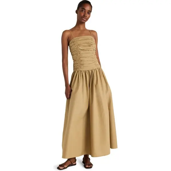 HAVEN WELL WITHIN Organic Cotton Poplin Ruched Bodice Maxi Dress - Truffle