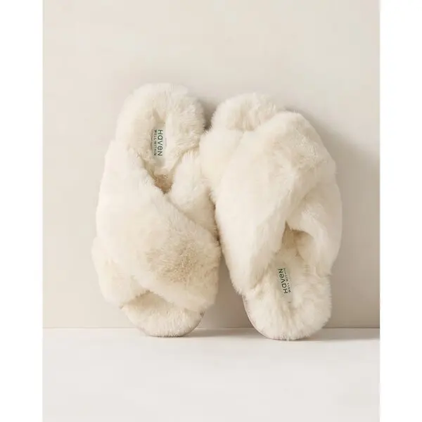 HAVEN WELL WITHIN Faux Fur Criss-cross Slippers - Cream