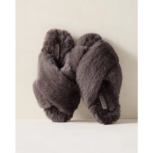 HAVEN WELL WITHIN Faux Fur Criss-cross Slippers - Dark Grey