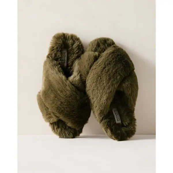 HAVEN WELL WITHIN Faux Fur Criss-cross Slippers - Dark Olive