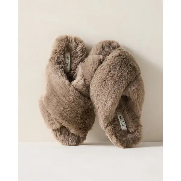 HAVEN WELL WITHIN Faux Fur Criss-cross Slippers - Stone Grey