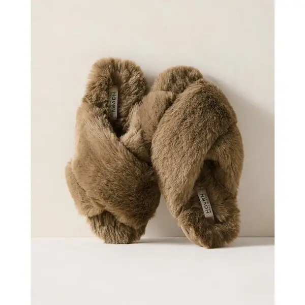 HAVEN WELL WITHIN Faux Fur Criss-cross Slippers - Truffle