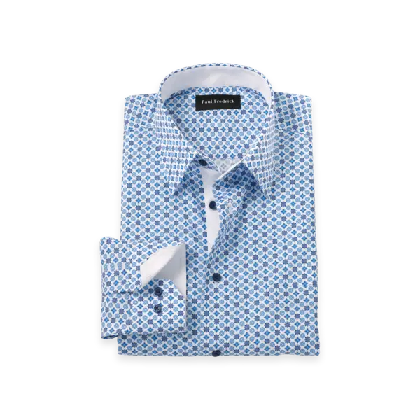 PAUL FREDRICK Cotton Point Collar Poplin Classic Contrast Trim Button Cuff Long Sleeve - Blue