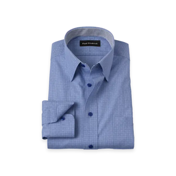 PAUL FREDRICK Cotton Buttondown Collar Broadcloth Classic Contrast Trim Button Cuff Long Sleeve Shirt - Medium Blue