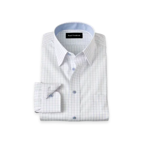 PAUL FREDRICK Cotton Buttondown Collar Broadcloth Classic Contrast Trim Button Cuff Long Sleeve Shirt - White Multi