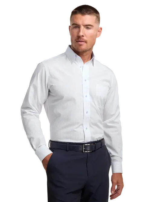 PAUL FREDRICK Cotton Buttondown Collar Broadcloth Classic Contrast Trim Button Cuff Long Sleeve Shirt - White Multi